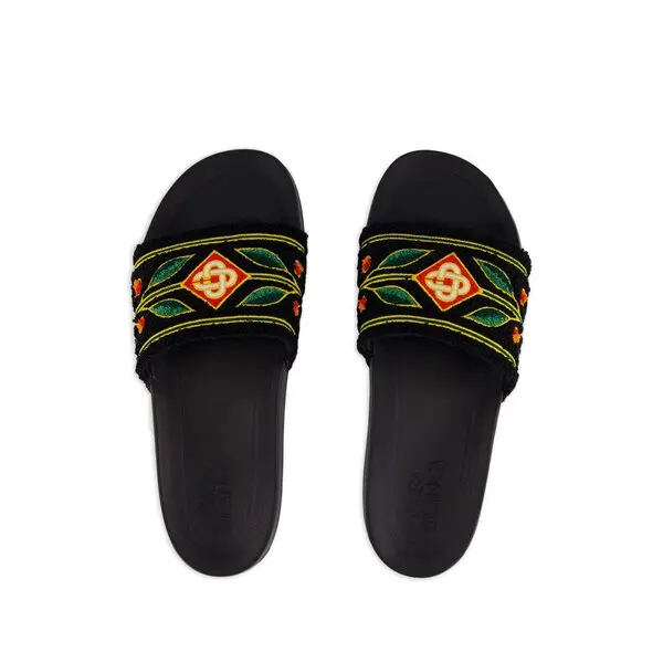 Casablanca Floral Embroidered Slip-on Sandals - Black