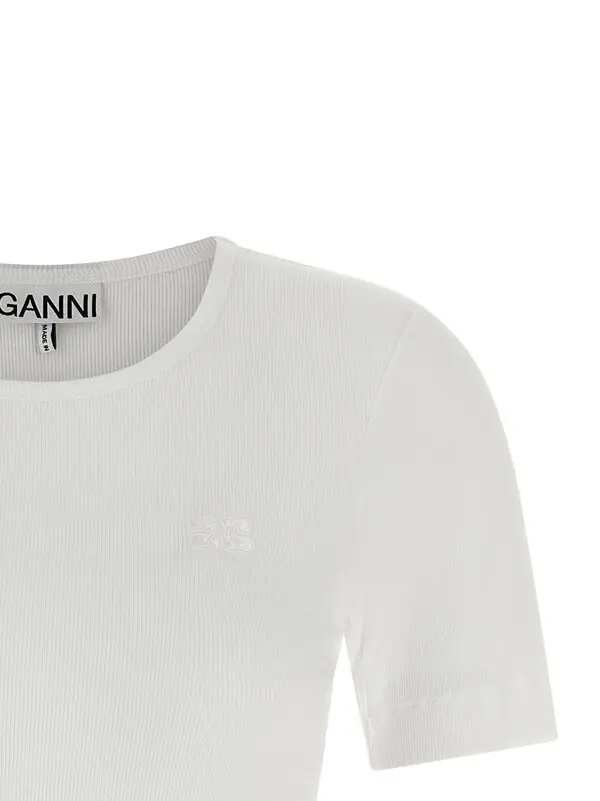 GANNI Ribbed Organic Cotton T-shirt With Logo Embroidery - White
