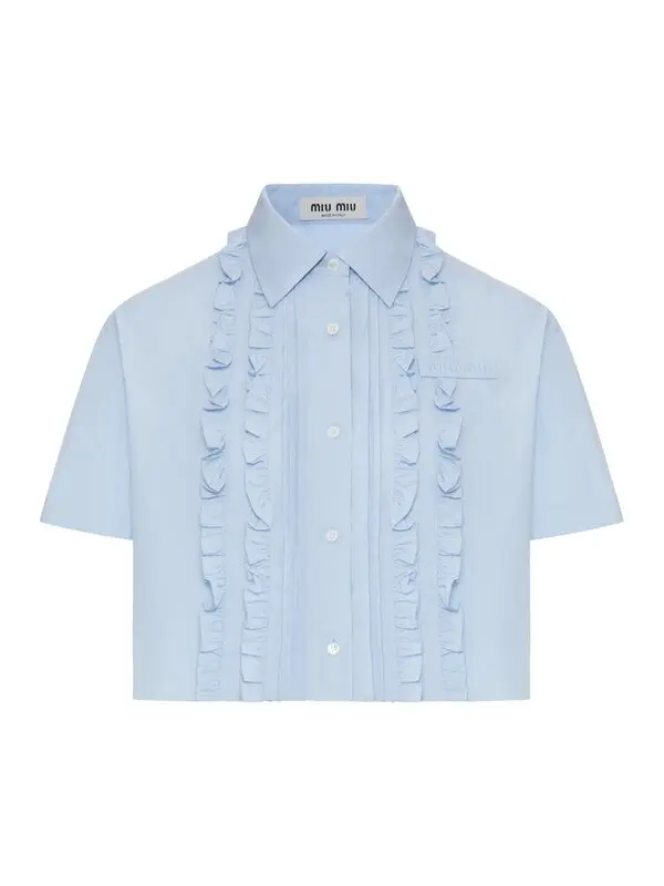 Miu Miu Cropped Poplin Shirt With Ruffled Details - Blue