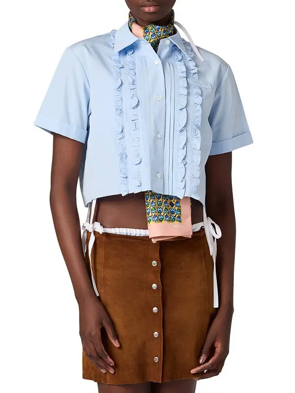 Miu Miu Cropped Poplin Shirt With Ruffled Details - Blue