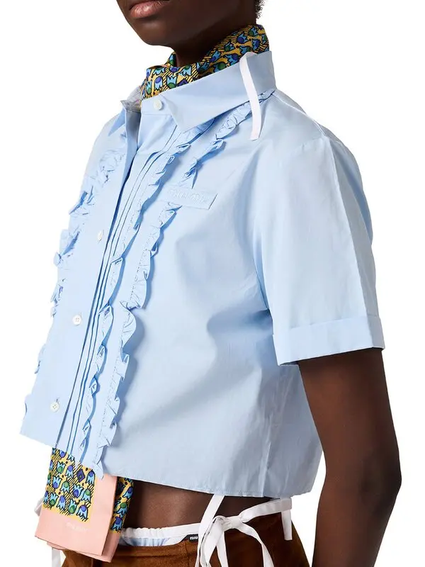 Miu Miu Cropped Poplin Shirt With Ruffled Details - Blue