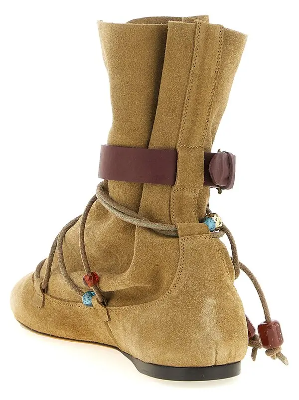 Isabel Marant Étoile Letiz' Draped Suede Ankle Boots With Beaded Lace And Buckled Strap - Cream