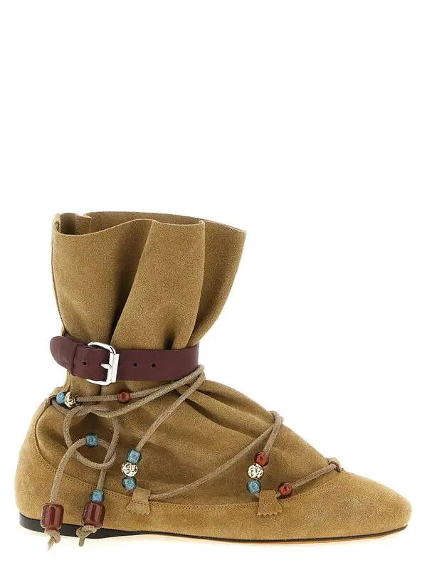 Isabel Marant Étoile Letiz' Draped Suede Ankle Boots With Beaded Lace And Buckled Strap - Cream