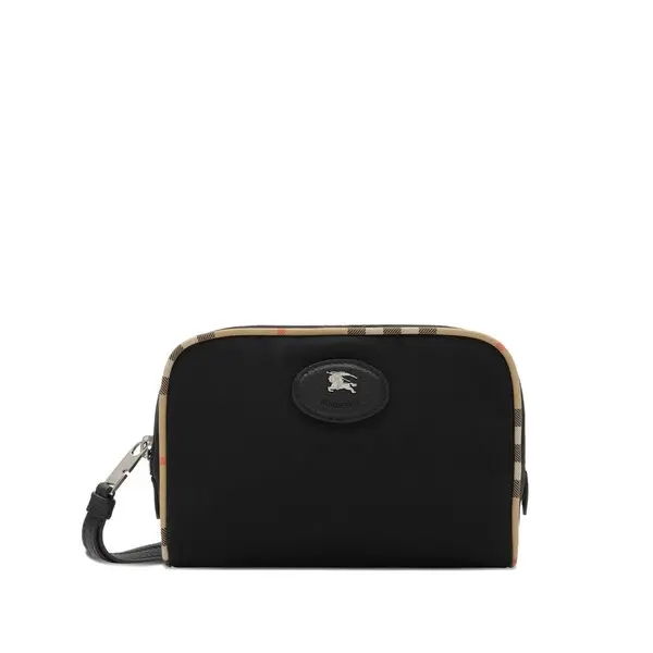 Burberry Leather And Check Piping Pouch - Black