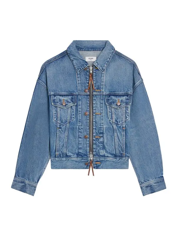 Celine Denim Trucker Jacket With Triomphe Leather Appliqu