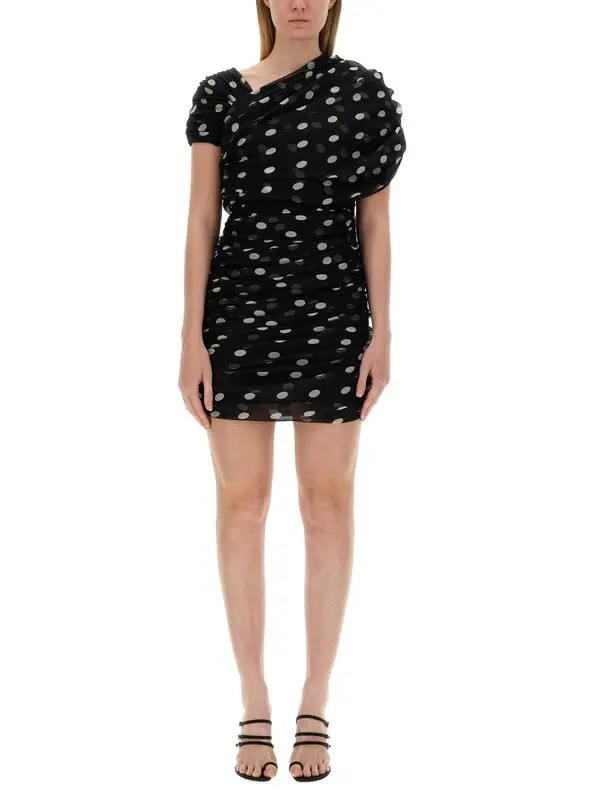 Saint Laurent Asymmetrical Gathered Polka Dot Dress