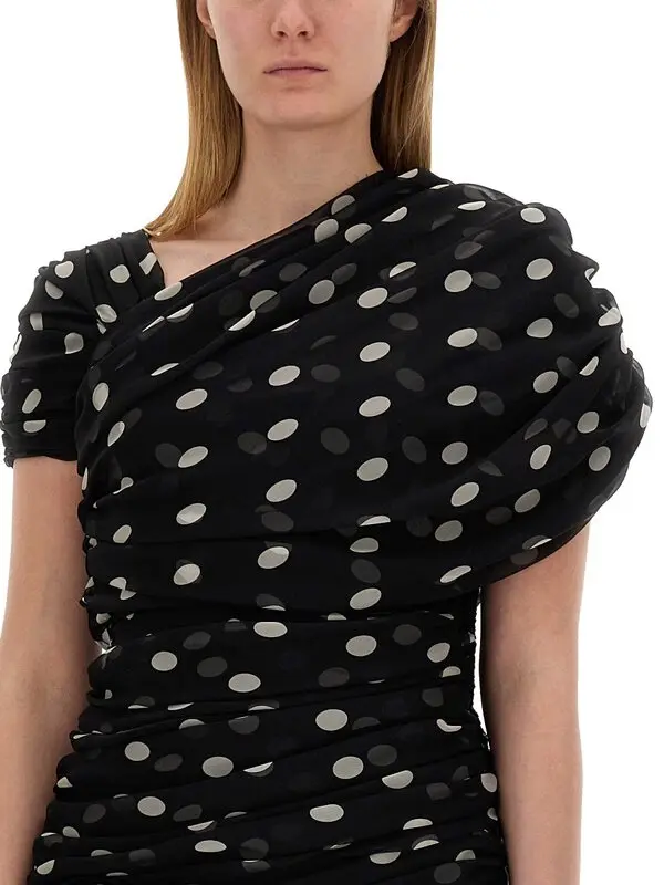Saint Laurent Asymmetrical Gathered Polka Dot Dress