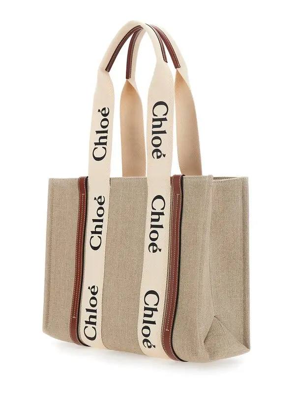 Chloé Woody' Linen Medium Tote Bag - Cream