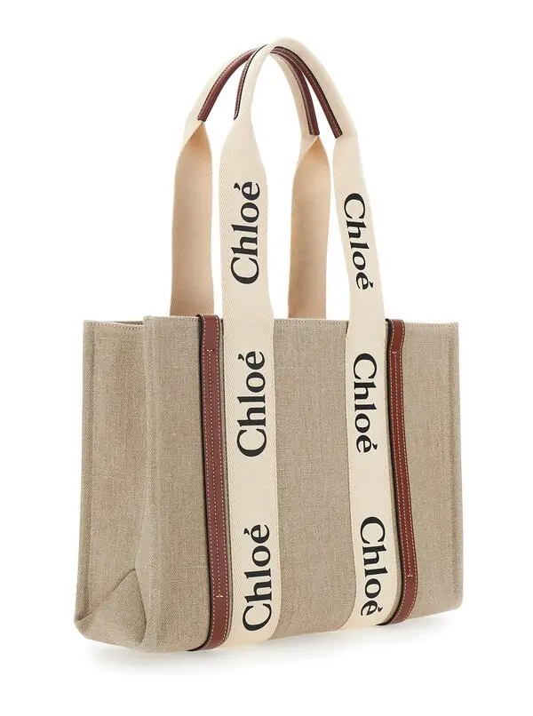 Chloé Woody' Linen Medium Tote Bag - Cream