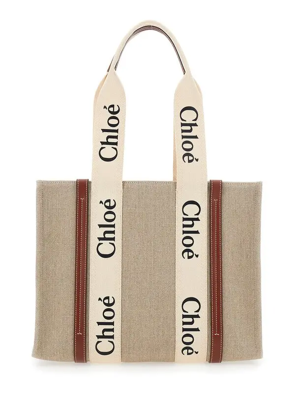 Chloé Woody' Linen Medium Tote Bag - Cream