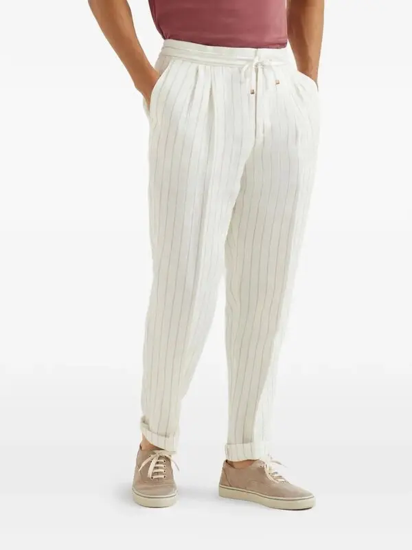 Brunello Cucinelli Stripe Linen Drawstring Pants With Double Pleats - Multicolor