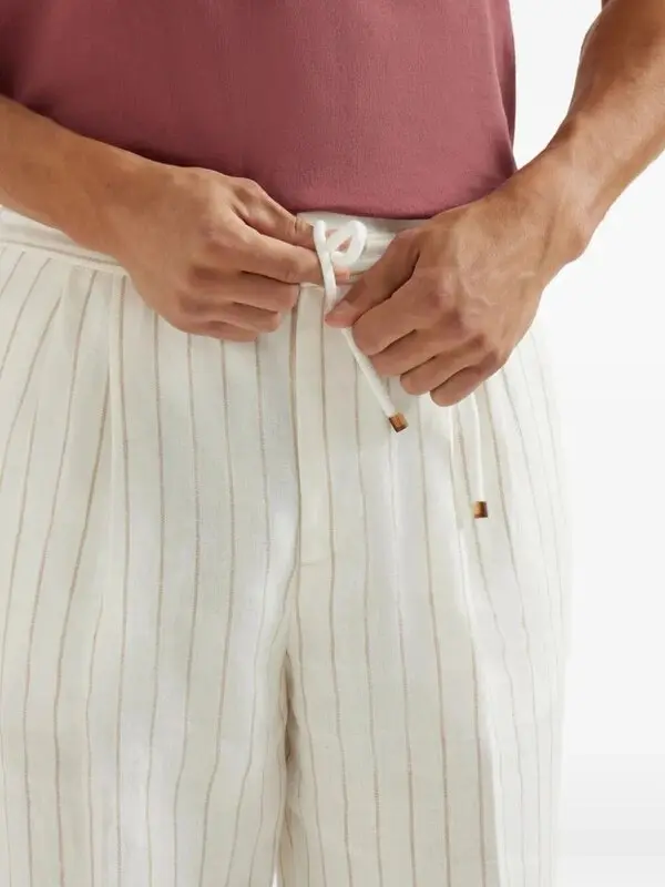 Brunello Cucinelli Stripe Linen Drawstring Pants With Double Pleats - Multicolor