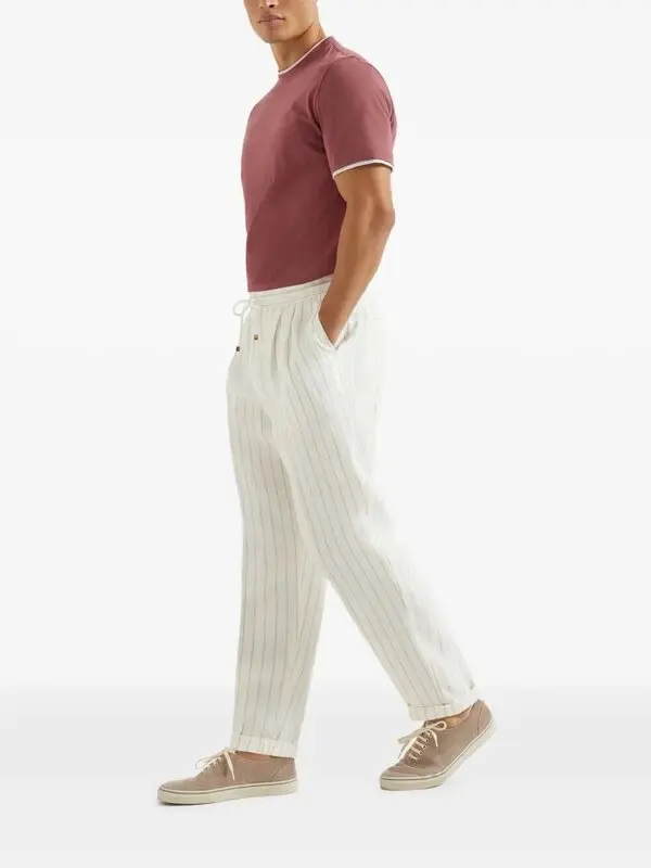 Brunello Cucinelli Stripe Linen Drawstring Pants With Double Pleats - Multicolor