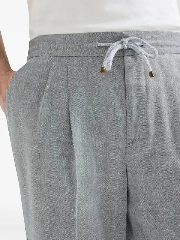 Brunello Cucinelli Linen Drawstring Double Pleat Trousers - Multicolor