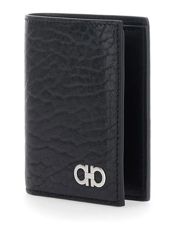 FERRAGAMO Black Bi-fold Wallet With Gancini Plaque On The Front In Leather