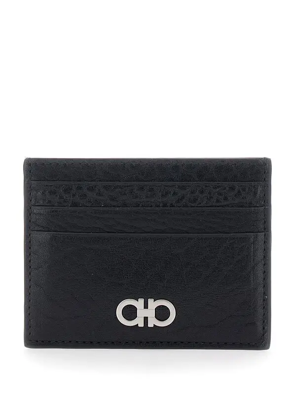 FERRAGAMO Black Card Holder With Gancini Plaque On The Front In Leather - Multicolor