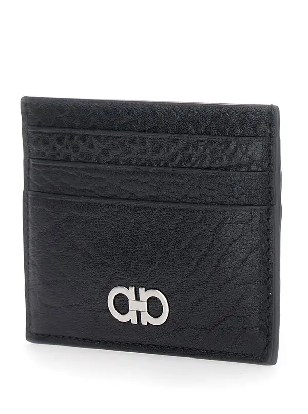 FERRAGAMO Black Card Holder With Gancini Plaque On The Front In Leather - Multicolor