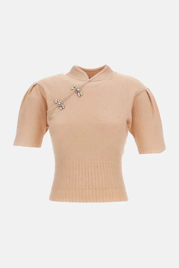 Simone Rocha Short-sleeve Cashmere Knit With Mandarin Collar And Jewelry Details - Multicolor