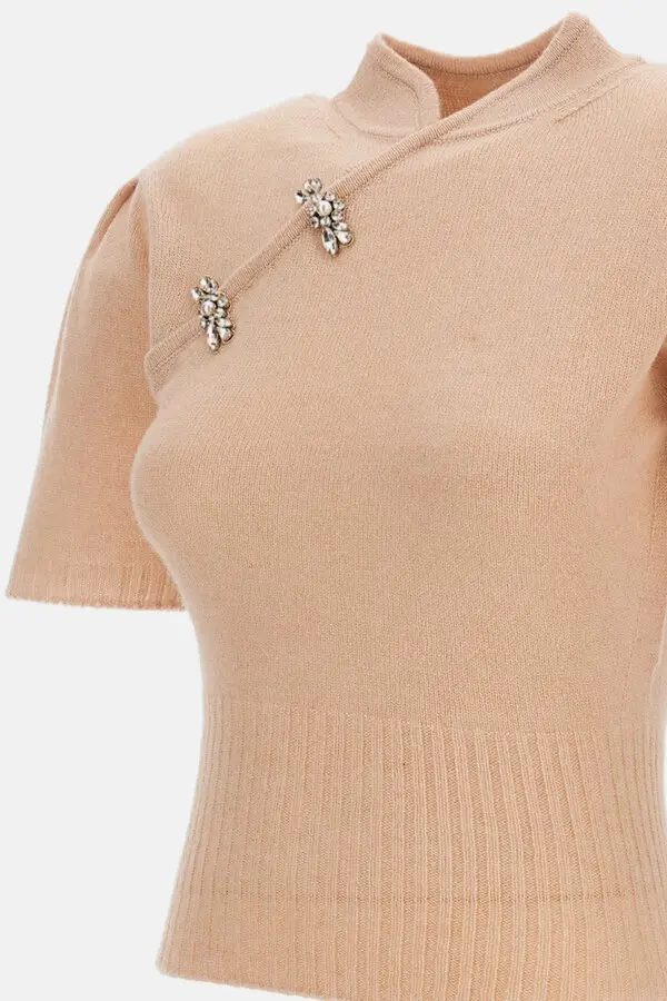 Simone Rocha Short-sleeve Cashmere Knit With Mandarin Collar And Jewelry Details - Multicolor