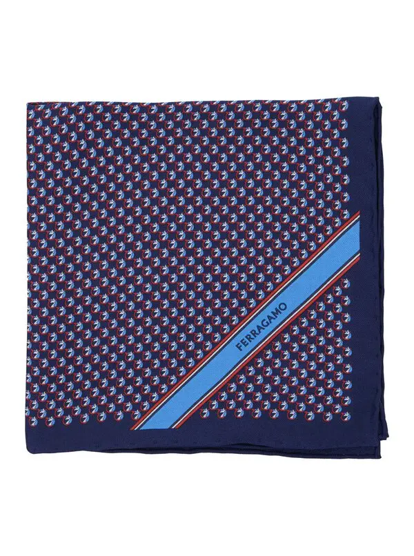 FERRAGAMO Blue Pocket Square With Gancini Print And Lettering Logo In Silk - Multicolor