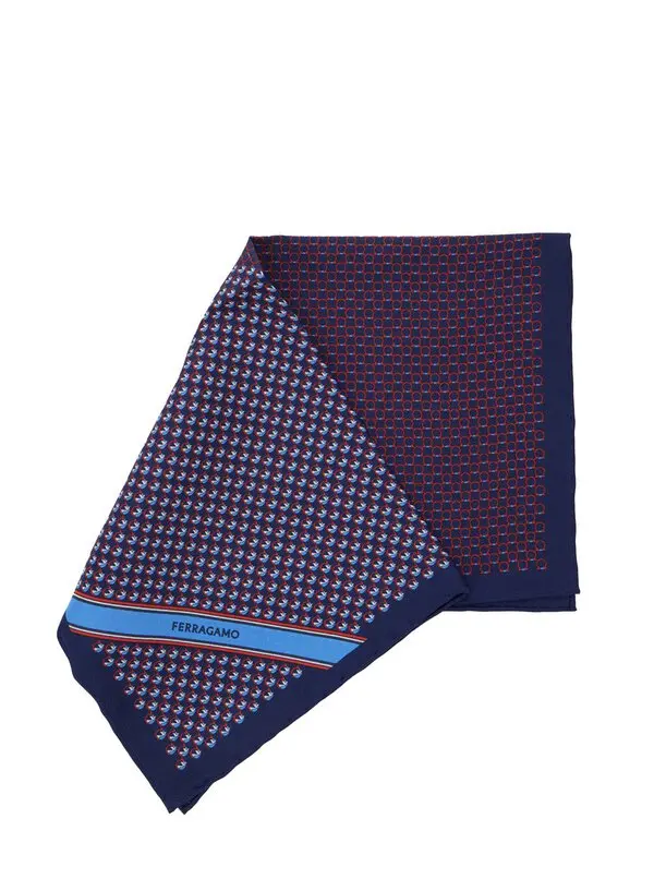 FERRAGAMO Blue Pocket Square With Gancini Print And Lettering Logo In Silk - Multicolor
