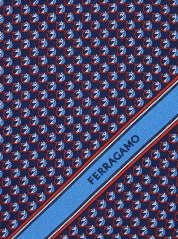 FERRAGAMO Blue Pocket Square With Gancini Print And Lettering Logo In Silk - Multicolor