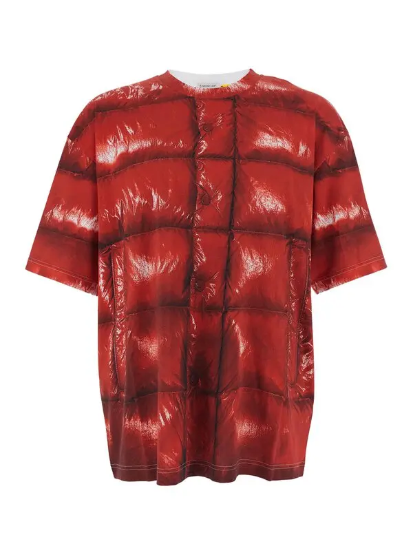 Moncler Red Crewneck T-shirt With Quilted Effect Graphic Print On The Front And Logo Lettering On The Rear In Cotton - Multicolor
