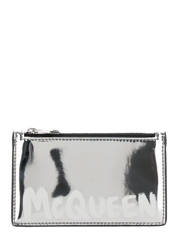 Alexander McQueen Silver Card-holder With Graffiti Logo In Laminated Leather - Multicolor