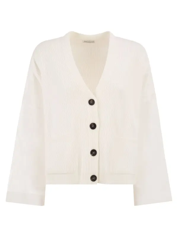 Brunello Cucinelli Ribbed Cardigan With Organza Sleeves - White