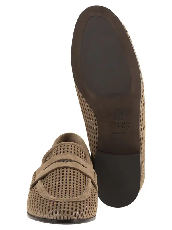Brunello Cucinelli Sparkling Net Leather Loafers - Cream