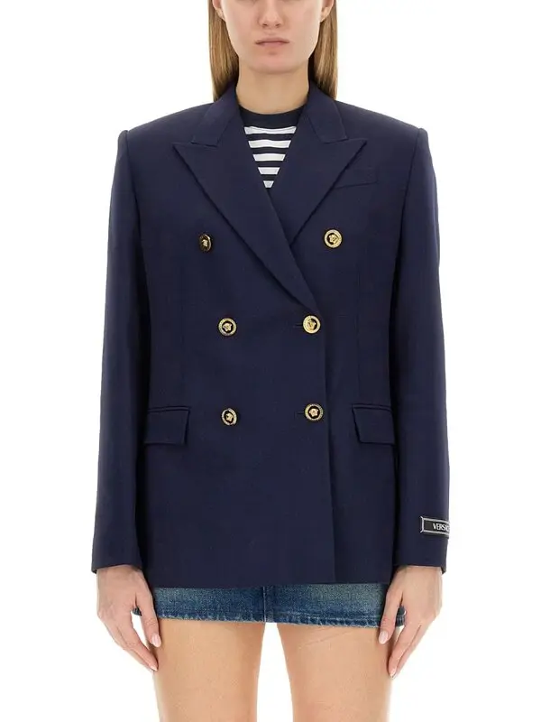 Versace Double-breasted Blazer With Gold Tone Buttons - Blue