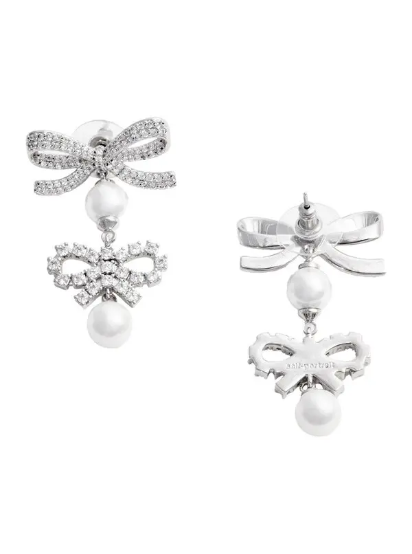 SELF-PORTRAIT Double Bow Crystal And Pearl Drop Earrings In Silver-tone Copper