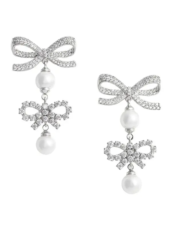 SELF-PORTRAIT Double Bow Crystal And Pearl Drop Earrings In Silver-tone Copper - Multicolor