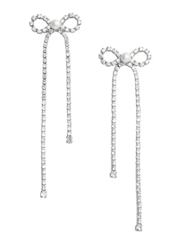 SELF-PORTRAIT Silver Tone Crystal Embellished Bow Drop Earrings - Multicolor