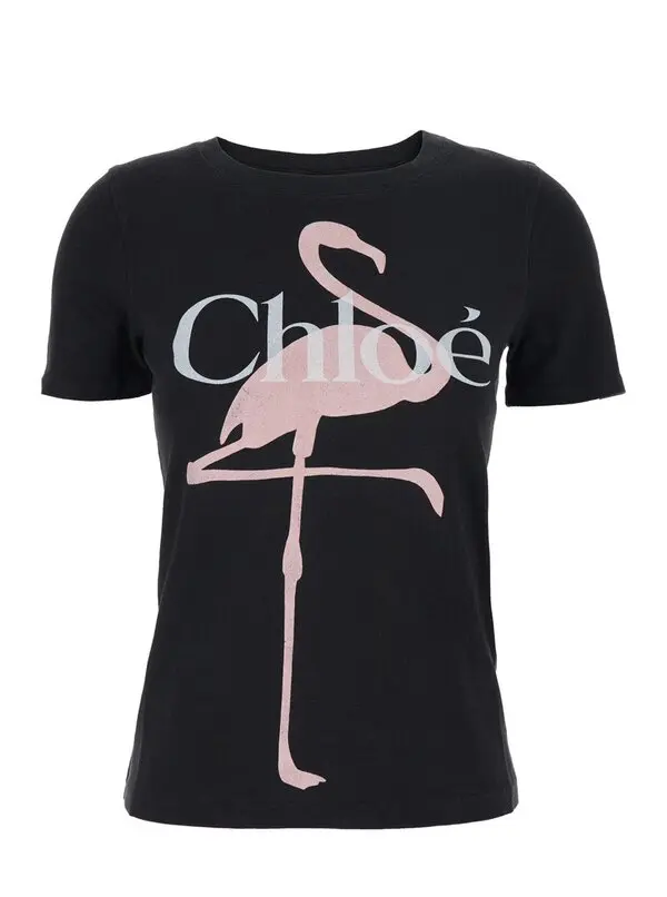 Chloé Black Cotton Crew Neck T-shirt With Flamingo Logo Print - Multicolor