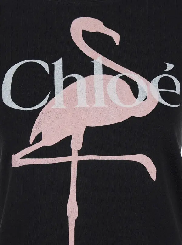 Chloé Black Cotton Crew Neck T-shirt With Flamingo Logo Print - Multicolor