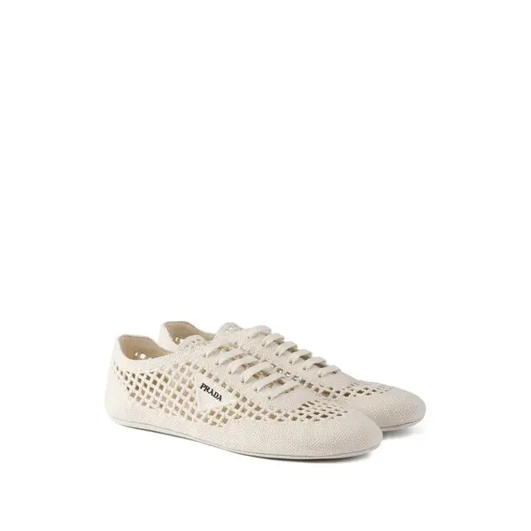 Prada Beige Crochet Lace-up Flat Shoes - White