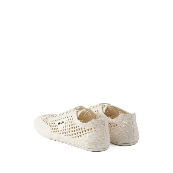Prada Beige Crochet Lace-up Flat Shoes - White