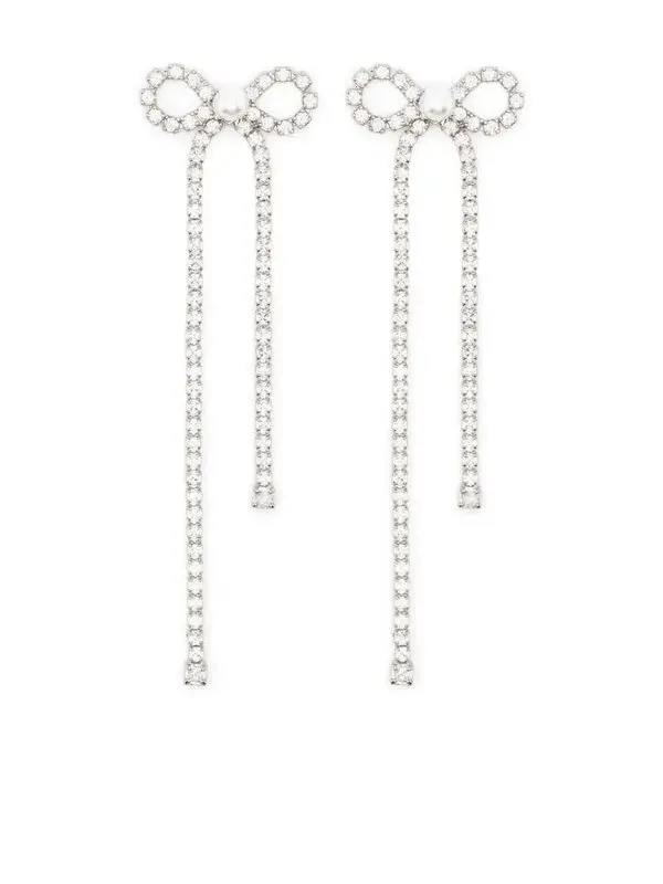 SELF-PORTRAIT Crystal Embellished Bow Drop Earrings With Faux Pearl Detail - Silver