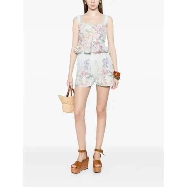 Charo Ruiz Ibiza Floral Print Lace Trim Peplum Top - Blue