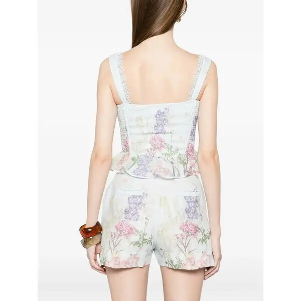 Charo Ruiz Ibiza Floral Print Lace Trim Peplum Top - Blue