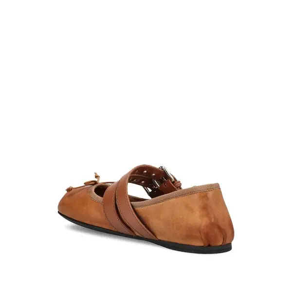 Miu Miu Lambskin Ballet Flats With Buckle Strap And Ribbon Detail - Brown