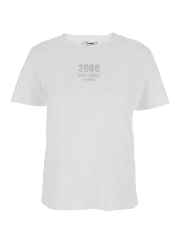 Max Mara White Cotton Crewneck T-shirt With Logo Print - Multicolor