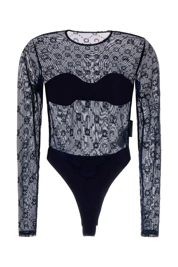MARINE SERRE Navy Stretch Tulle Bodysuit