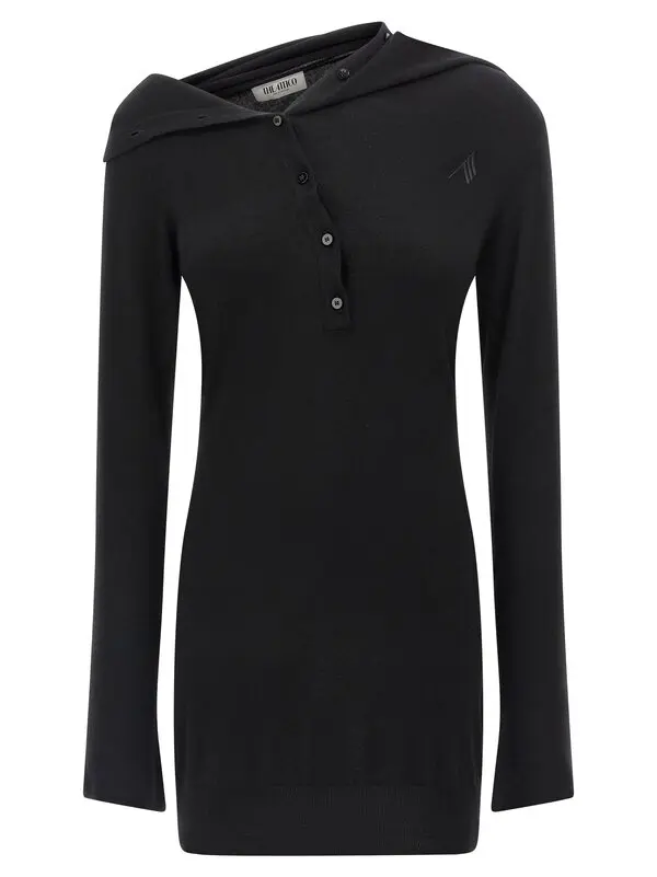 Attico Virgin Wool And Cashmere Blend Mini Dress With Shawl Neckline - Black
