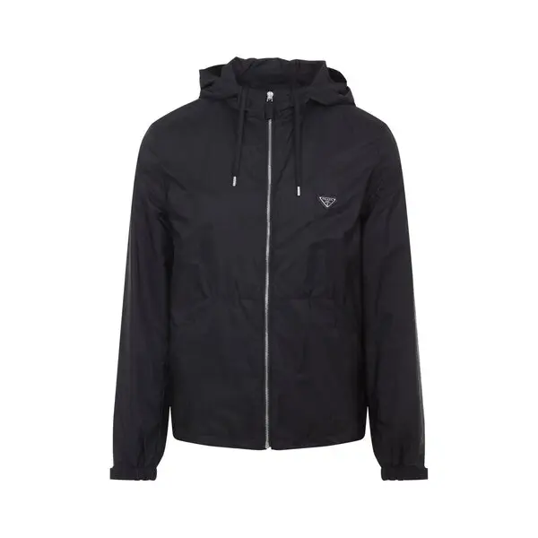 Prada Hooded Zip-up Jacket With Signature Logo Patch - Black