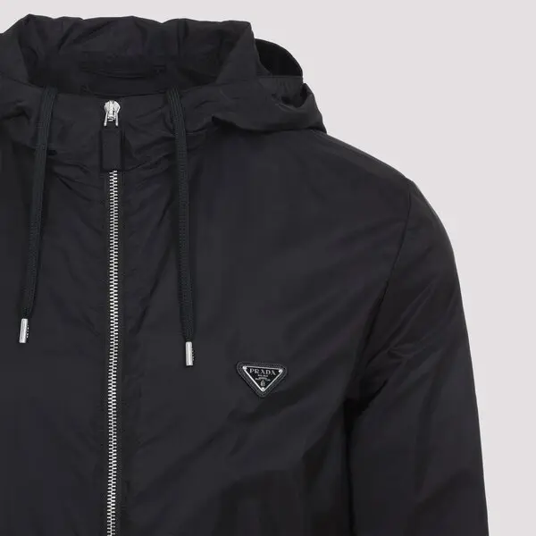 Prada Hooded Zip-up Jacket With Signature Logo Patch - Black