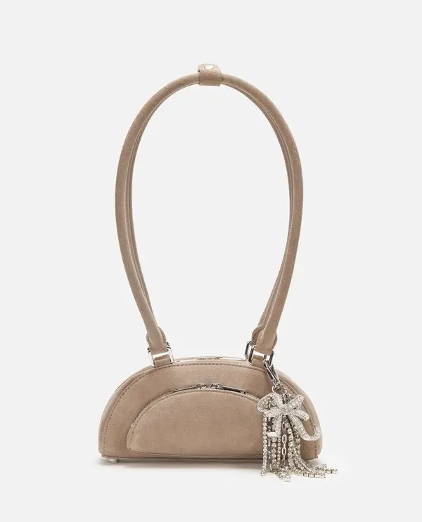 SELF-PORTRAIT Grey Suede Mini Shoulder Bag With Bow Keychain