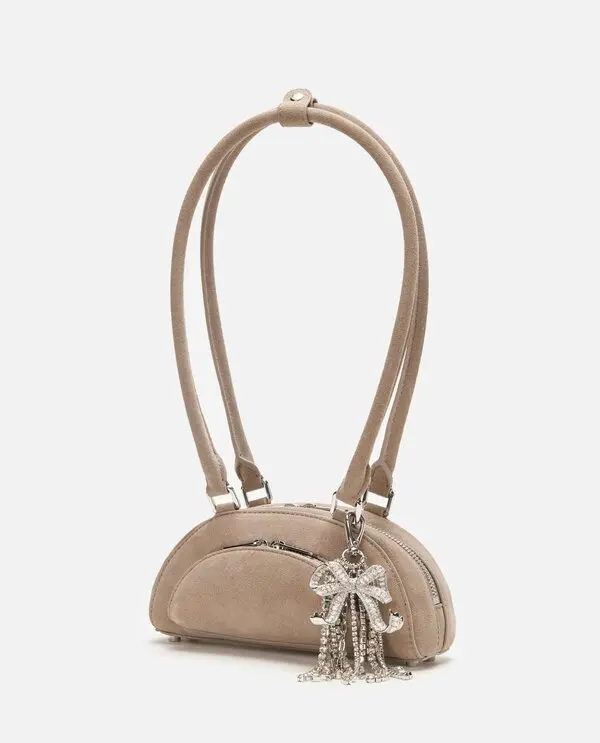 SELF-PORTRAIT Grey Suede Mini Shoulder Bag With Bow Keychain