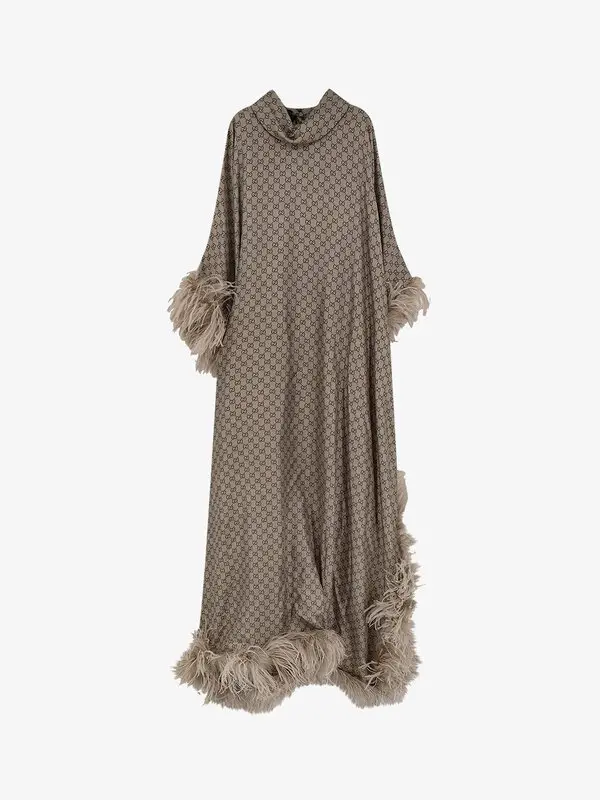 Gucci Silk Kaftan Dress With Feather Trim - Multicolor